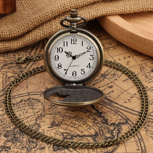 Vintage Bronze Wolf Dog Moon Pendant Quartz Pocket Watch Necklace Chain ...