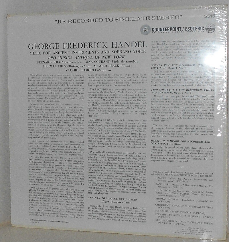 Pro Musica Antigua New York Handel Music for Ancient Instruments 1960s ...