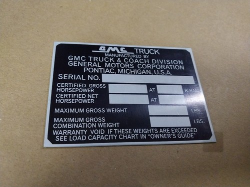 1954-1959 GMC Truck Pickup Aluminum Data Plate Badge Engraved | Vintage ...