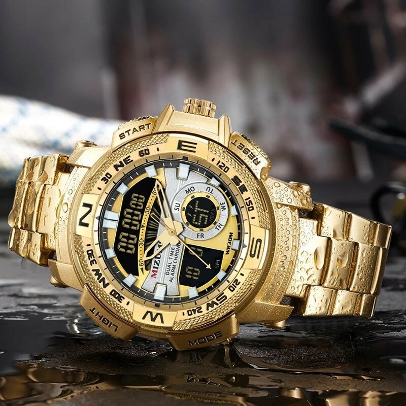 MIZUMS Men Digital Watch Luxury Gold Steel Wristwatch Big Case Male LED ...