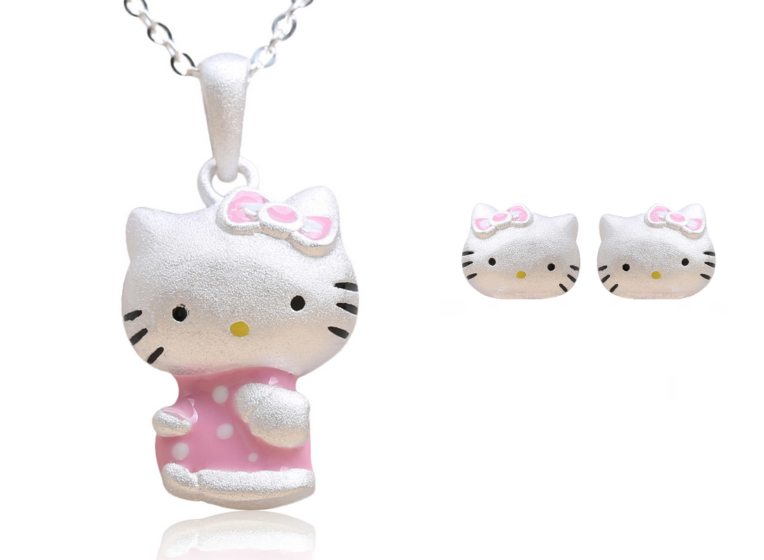 Pink Hello Kitty Cat Kitten Silver SP Jewelry Set: Necklace&Earring | eBay