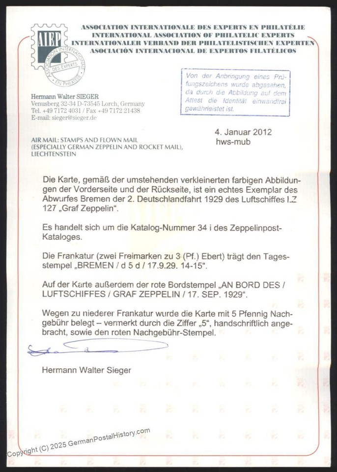 Germany 1929 Graf Zeppelin Deutschlandfahrt Cert Mi34Ik BREMEN Drop ...