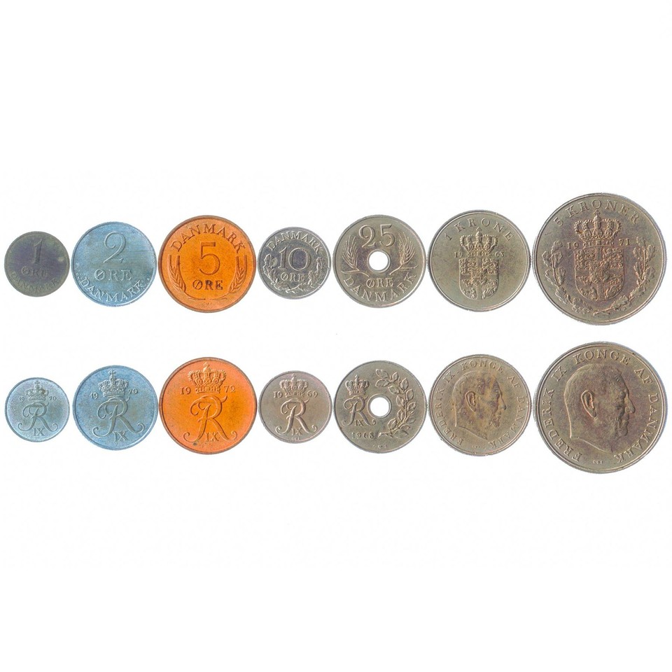 Danish 7 Coin Set 1 2 5 10 25 Øre 1 5 Kroner | Frederik IX | 1960 ...