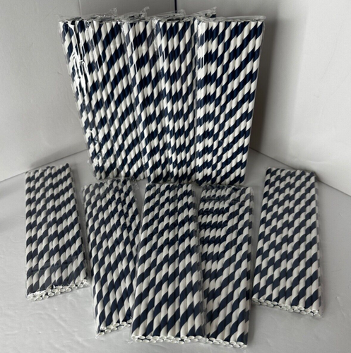Lot of 200 Biodegradable Navy Blue Stripes Paper Straws Drinking Party ...