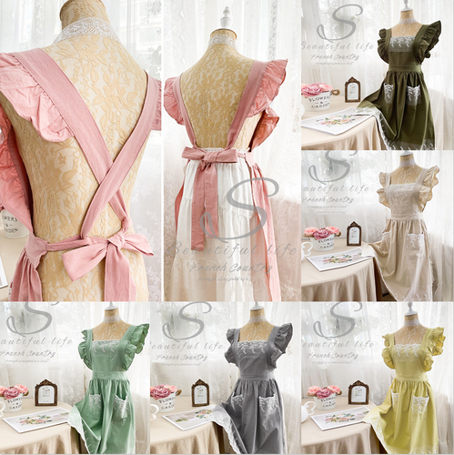 Women Cotton Apron Workwear w/ Pocket Ruffles Florist Cafe Maid ...