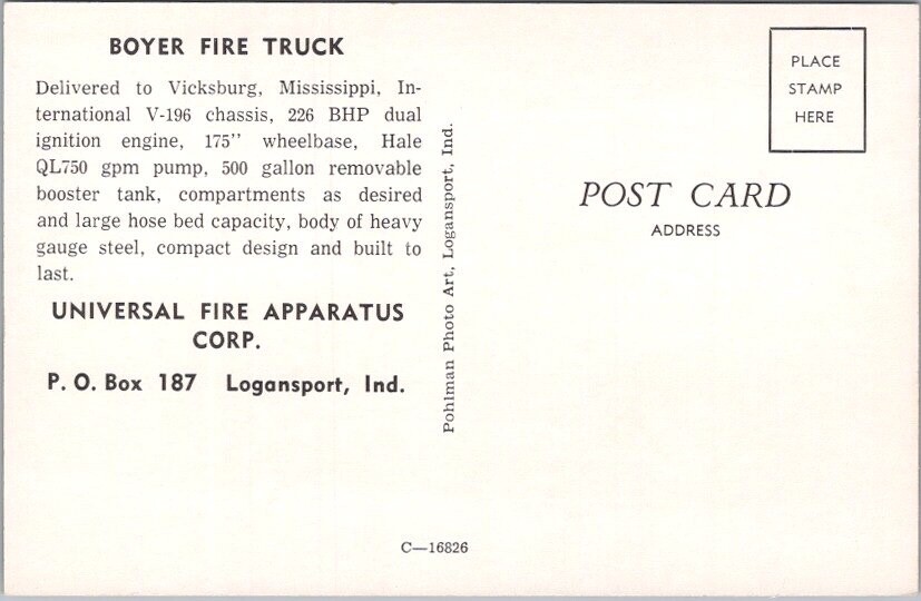Logansport, Indiana Advertising Postcard "BOYER FIRE TRUCK" for ...