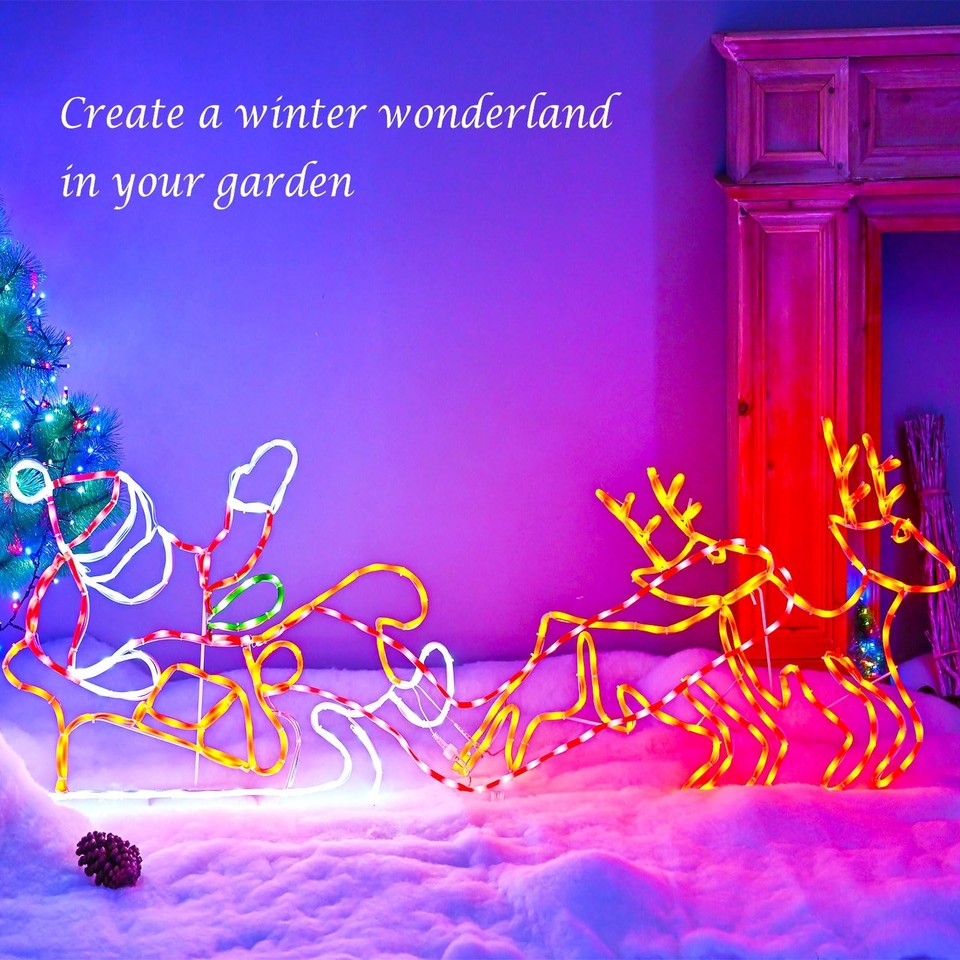 315L LED Long Lighted Santa Claus Sleigh and Reindeer Lights, Colorful ...