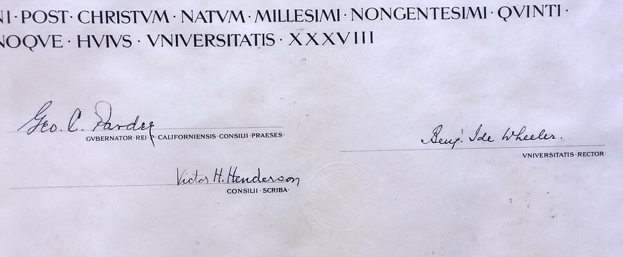 UC Cal 1905 BA Diploma Signed Gov George Pardee UC Pres Benjamin Ide ...