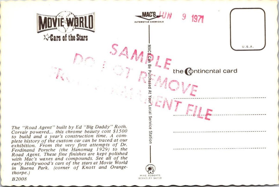 CA, California MOVIE WORLD/STARS CARS Ed Roth "Road Agent" Corvair 4X6 ...