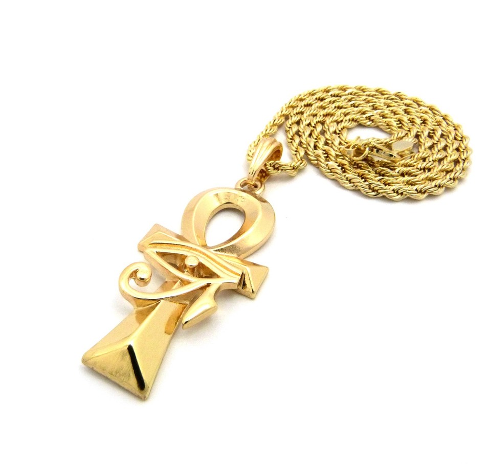 NEW EYE OF HERU ANKH CROSS PENDANT &24" ROPE CHAIN HIP HOP NECKLACE ...