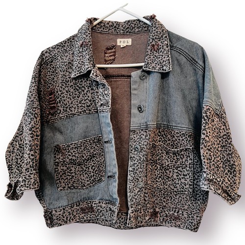 POL Denim Jacket Cropped Short Sleeve Button Up Distressed Leopard ...