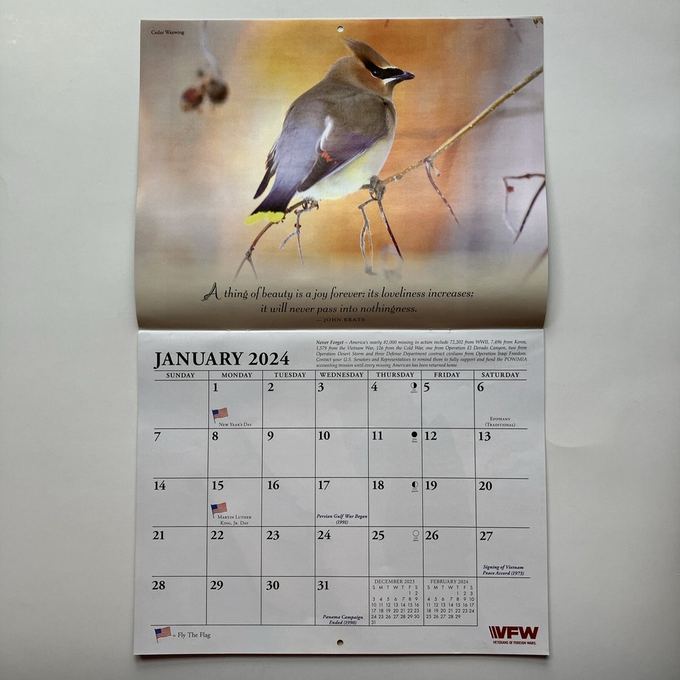 VFW Veterans of Foreign Wars Birds Nature Flowers 12 Month 2024 Wall ...