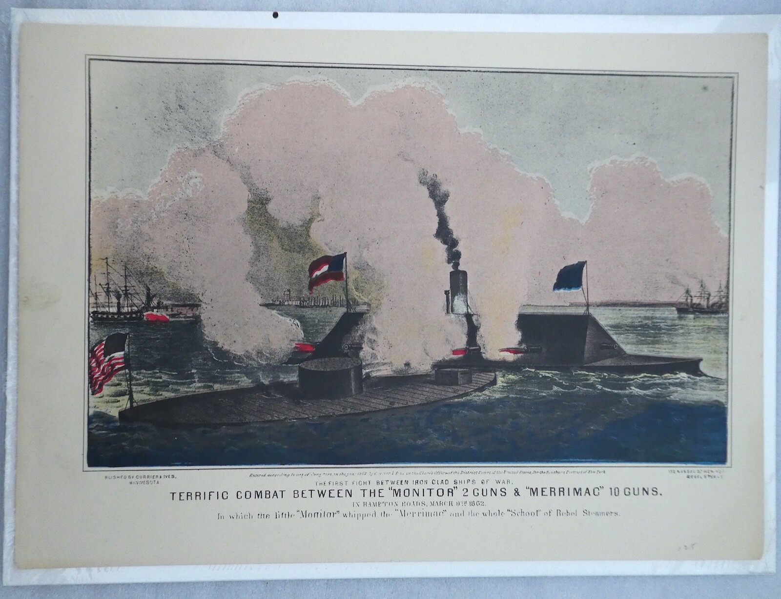 Antique Color Lithograph Terrific Combat Between The Monitor 2 Guns ...