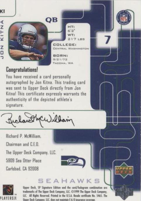 1999 SP Signature Edition Jon Kitna #KI for sale | eBay
