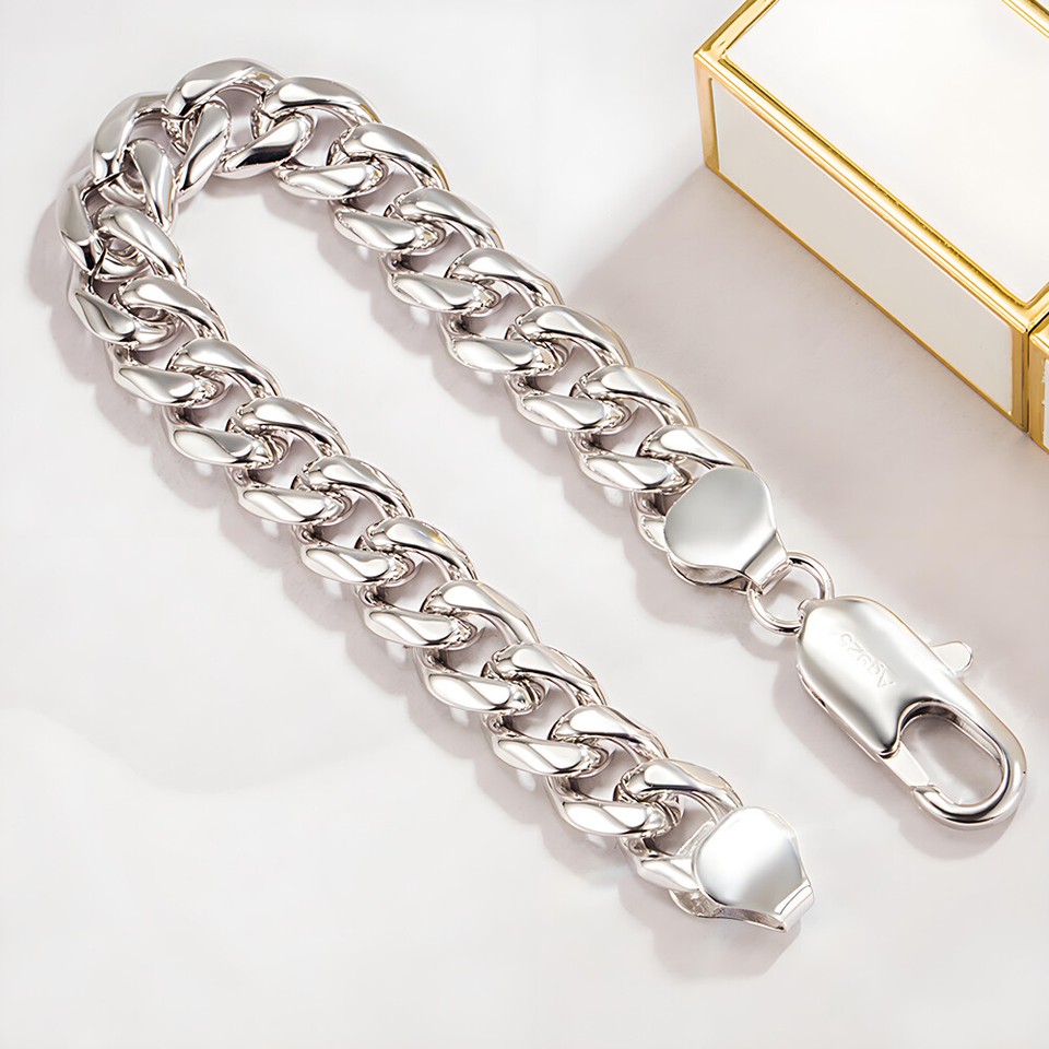 10mm 925 Sterling Silver Italy Curb Cuban Link Chain Bracelet for Men ...