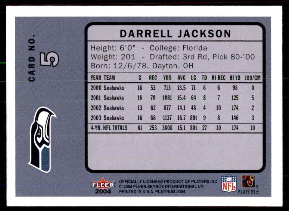 2004 Fleer Platinum Darrell Jackson Football Cards #5 | eBay