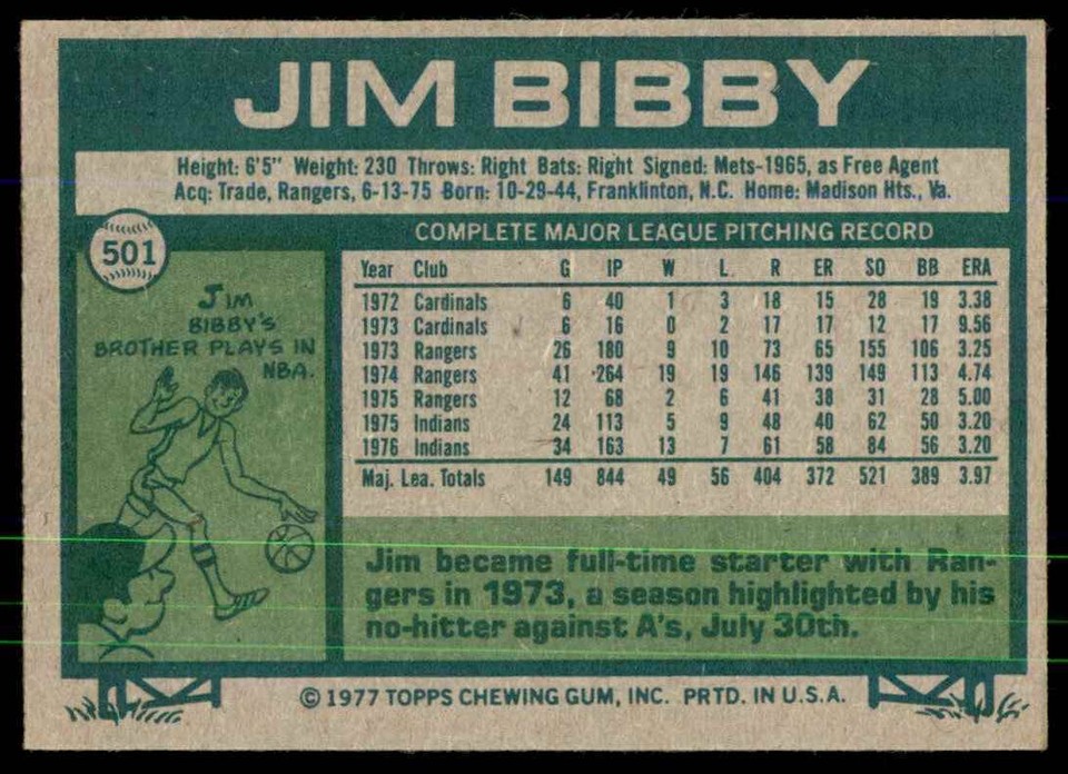 1977 Topps #501 Jim Bibby Cleveland Indians | eBay