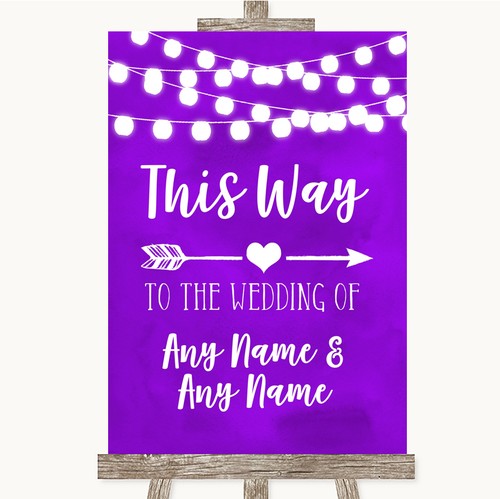 Purple Watercolour Lights This Way Arrow Right Personalised Wedding ...