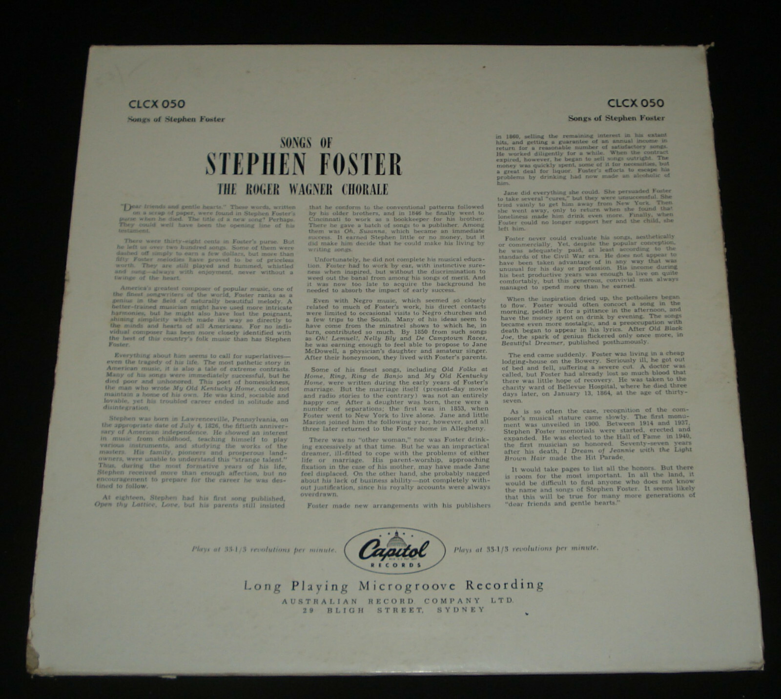 ROGER WAGNER CHORALE ‎– SONGS OF STEPHEN FOSTER AUSSIE CAPITOL LP 1st ...