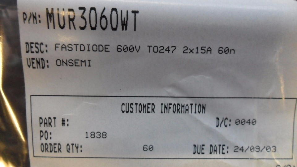 MUR3060WT MUR3060 SWITCHING DIODE POWER RECTIFIER 600V 30A TO247 (1 PER ...