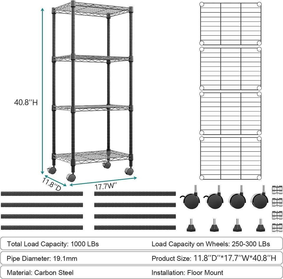 4 Shelf Steel Storage Units Metal Shelving Rack Black Wire Storage ...