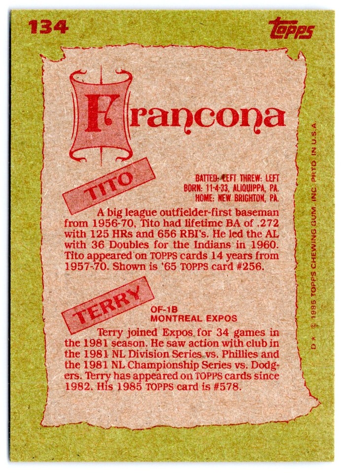 TITO FRANCONA AND TERRY FRANCONA / FATHER & SON 1985 TOPPS NO 134 ...