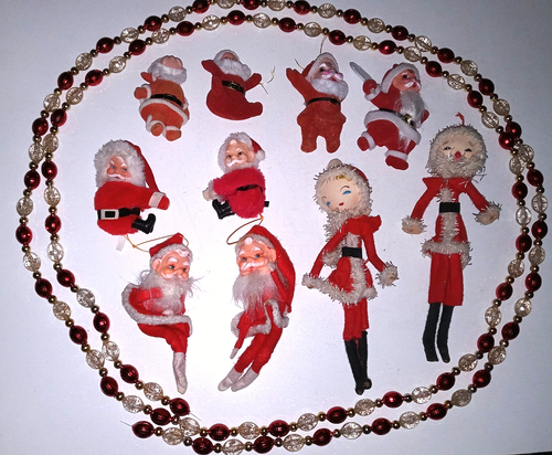 10 Vintage Santa Claus Christmas Ornaments,Beads,Pipe Cleaner,Flocked ...