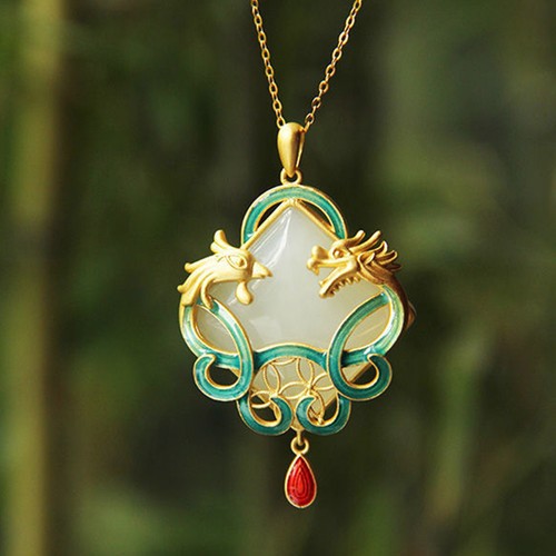 Jade Dragon Phoenix Pendant Jewelry Silver Plated Necklace Natural ...