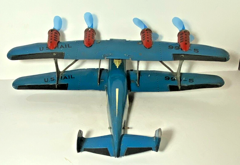 Vintage Marx Tin Litho Windup Blue & Red Biplane Airplane U.S. Mail ...