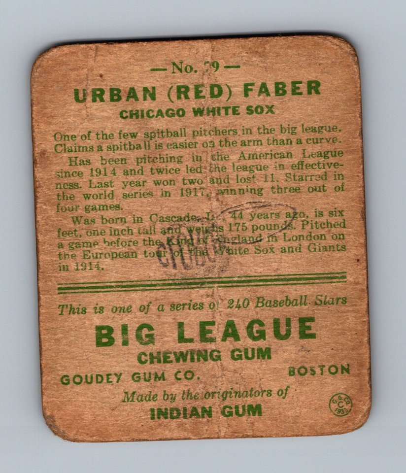 1933 Goudey #79 Red Faber LOW GRADE Baseball Card | eBay