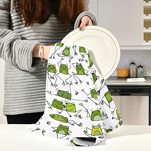 Funny Frogs Sketch Kitchen Dish Towel Set Of 4 Pcs Soft Polyester Dish ...