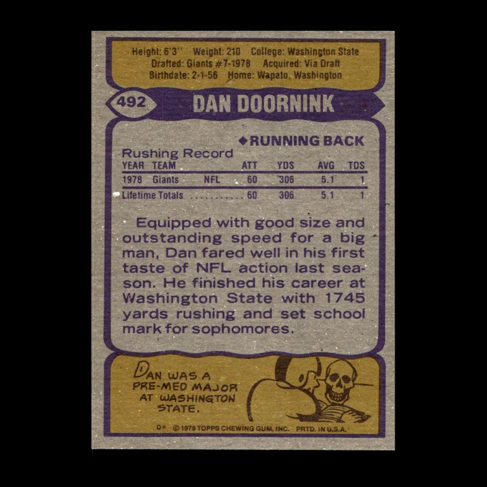 Dan Doornink 1979 Topps Rookie New York Giants #492 R311E 1 | eBay