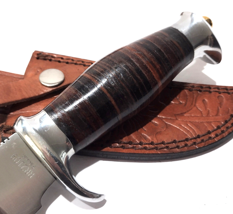 Rough Ryder Stacked Leather Handle Bowie Fixed Blade Skinning Hunting ...
