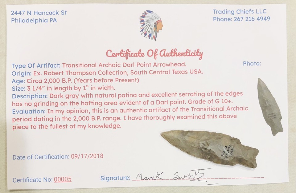 Darl Point arrowhead Texas Ancient Authentic Native American Artifact ...