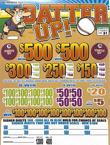 BATTER UP 1 POINT/800P TIP JAR TICKETS 3-FOLD PAPER PULL TABS INSTANTS ...