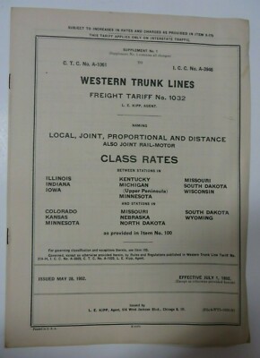 Vintage 1952 Western Trunk Lines Freight Tariff Railway Class Rates ...