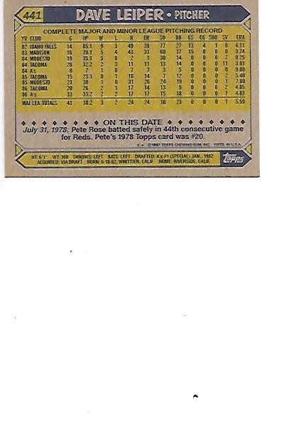 Dave Leiper 1987 Topps Baseball Card #441 NM Oakland Athletics | eBay