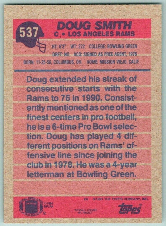 1991 TOPPS NFL Football Trading Card #537 - Doug Smith, Los Angeles ...