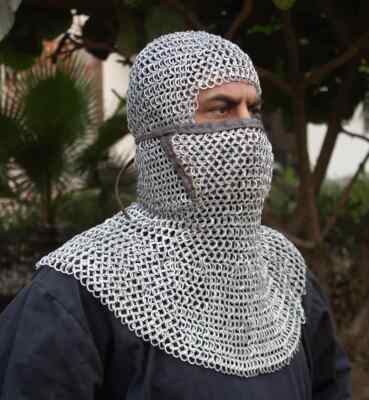 Chainmail Coif With Mask Leather Attached 10MM Flat Ring Riveted With ...