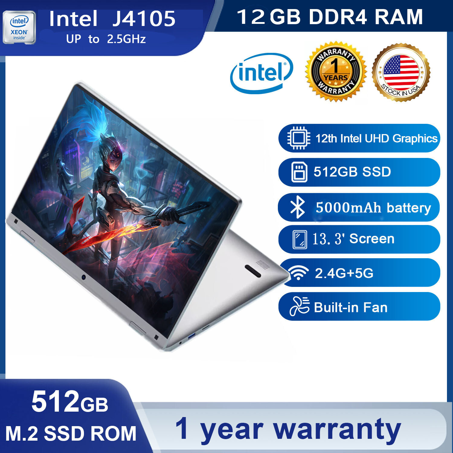 13.3' Laptop 360° Flip touch screen 12GB RAM 512GB SSD Intel 12th Dual ...