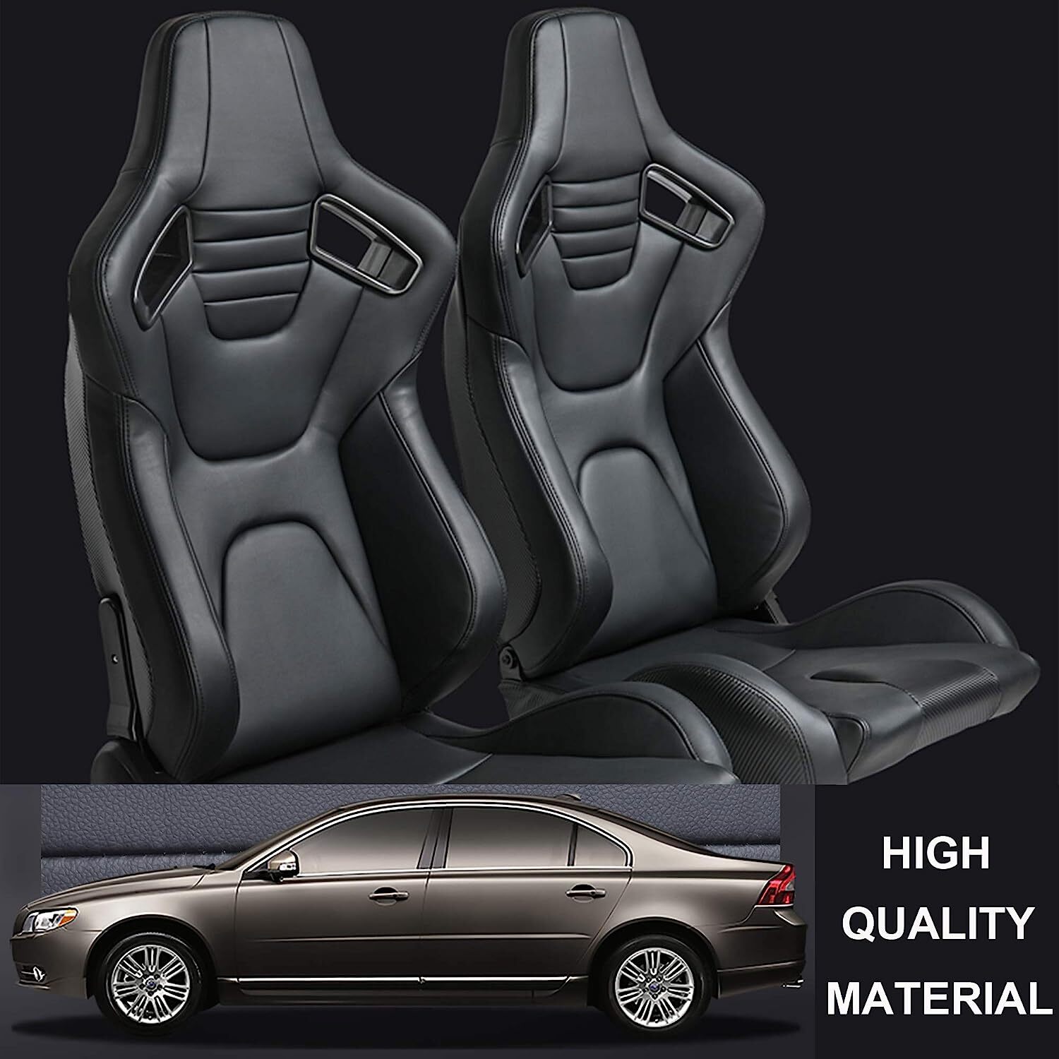 Universal Set of 2 Racing Seats Pair Black Leather Reclinable Bucket ...