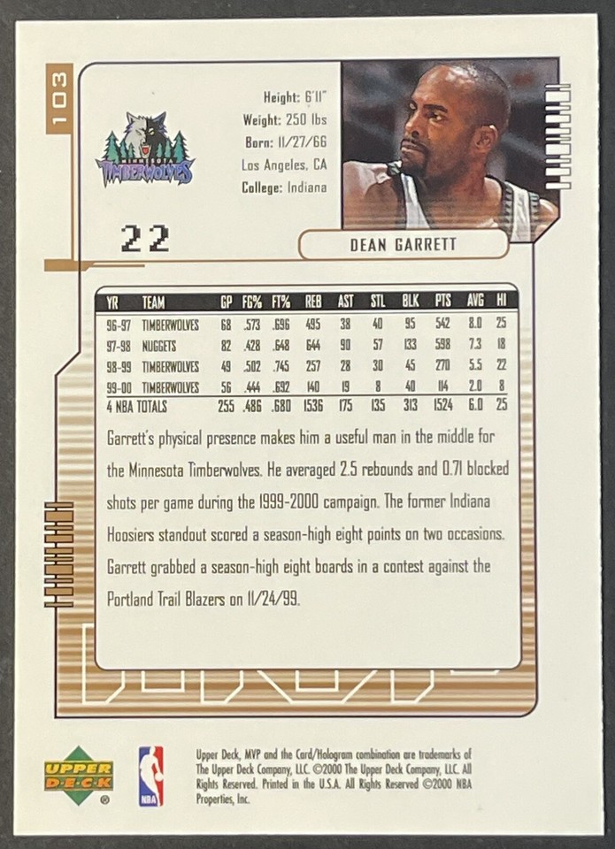 2000-01 Upper Deck MVP Minnesota Timberwolves Basketball Card #103 Dean ...