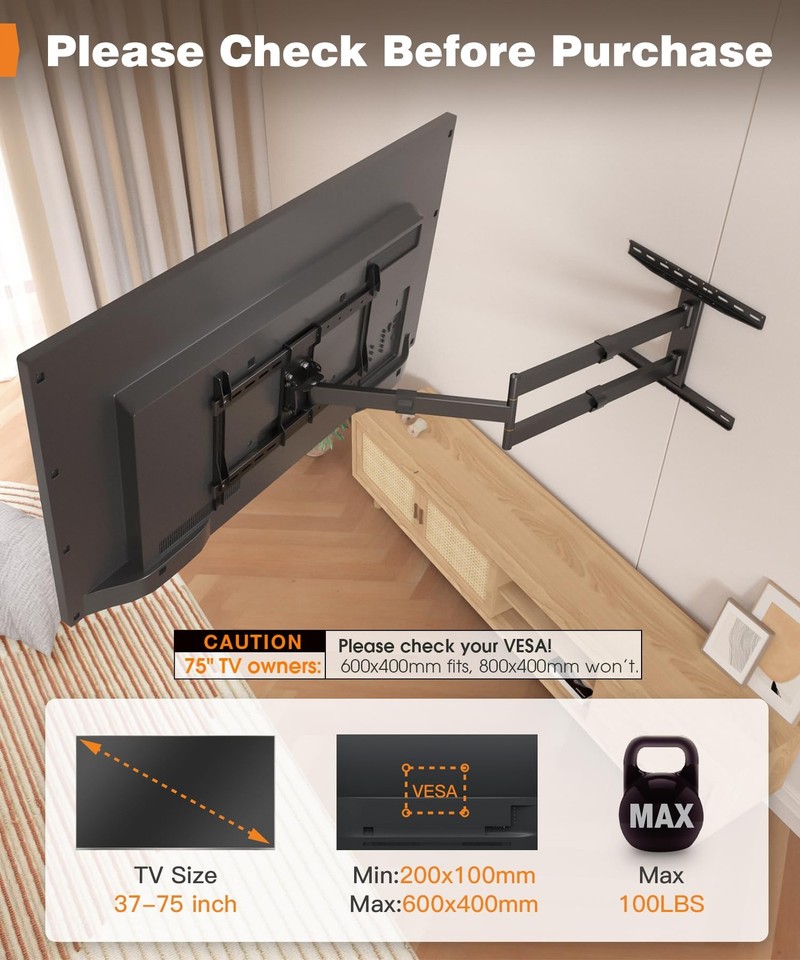 47” Extra Long Arm TV Wall Mount for 37-80 Inch TV, Full Motion Corner ...