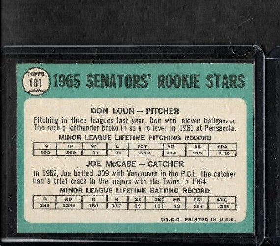 1965 Topps Baseball Card # 181 Don Loun / Joe McCabe Rookie Senators NM ...