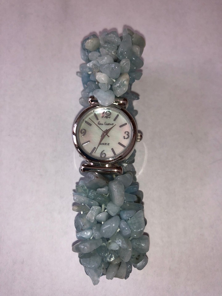 Gem Essence Blue Quartz Watch Stretch Bracelet Band Mother of Pearl ...