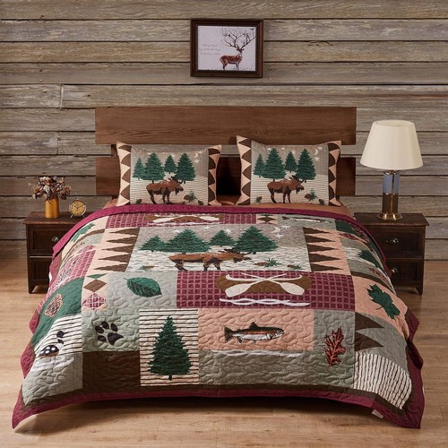 Queen Quilt Set Comforter Rustic Home Moose Bear Log Cabin Lodge Cotton ...