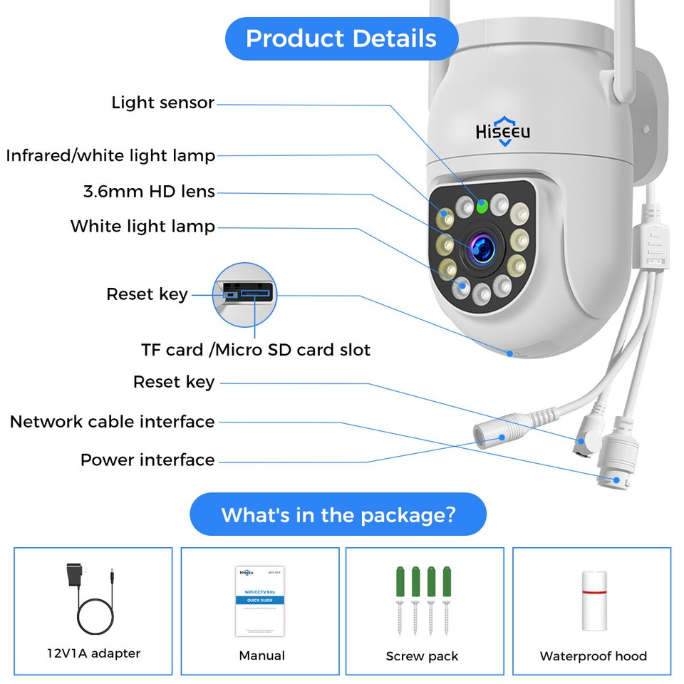 1~4PCS Hiseeu WIFI Security Camera,3MP HD cmaera,PTZ Dome Outdoor ...