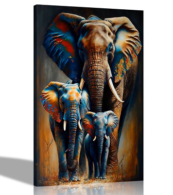 Elephant Family Portrait Colourful Canvas Wall Pictures Abstract Art ...
