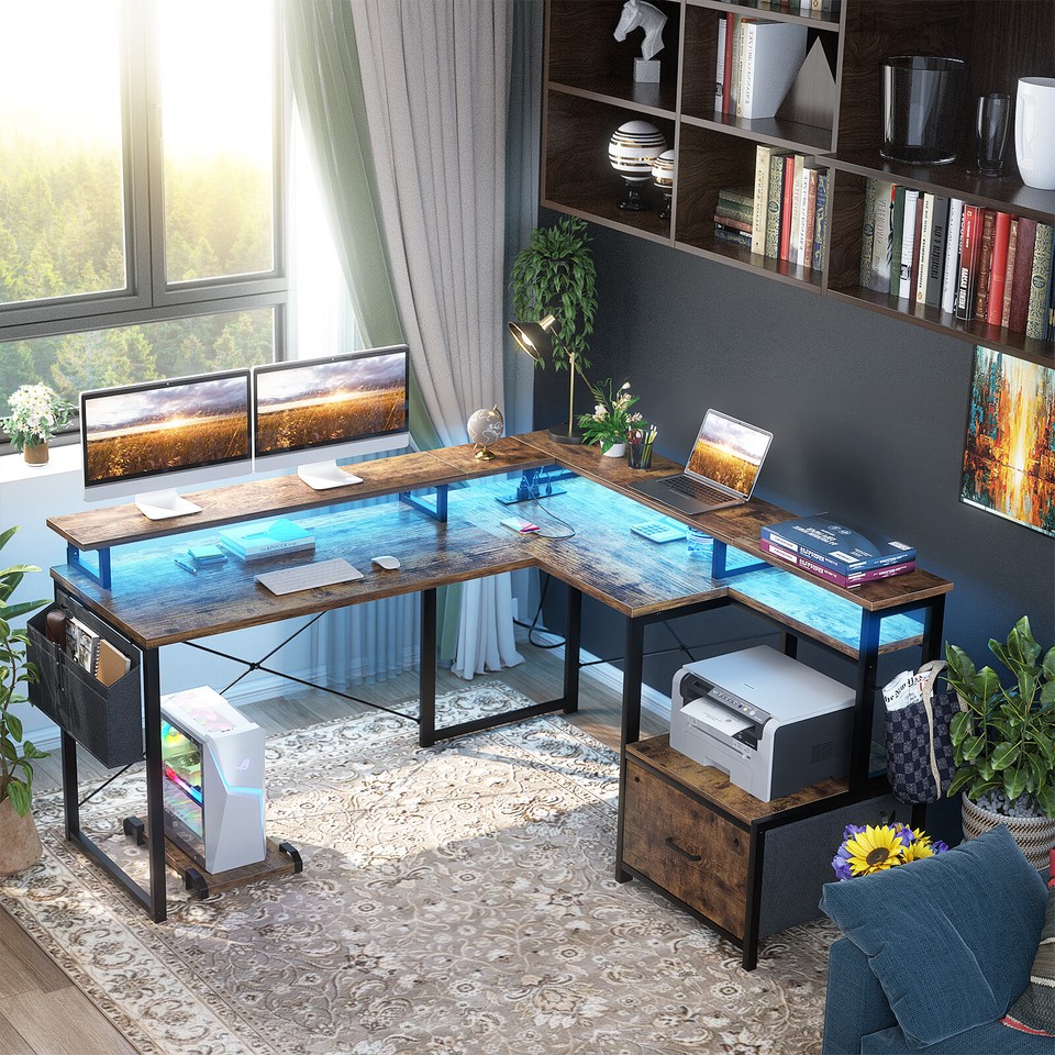 L Shaped Computer Desk with Power Outlet ＆ LED Lights, Office Desk w ...