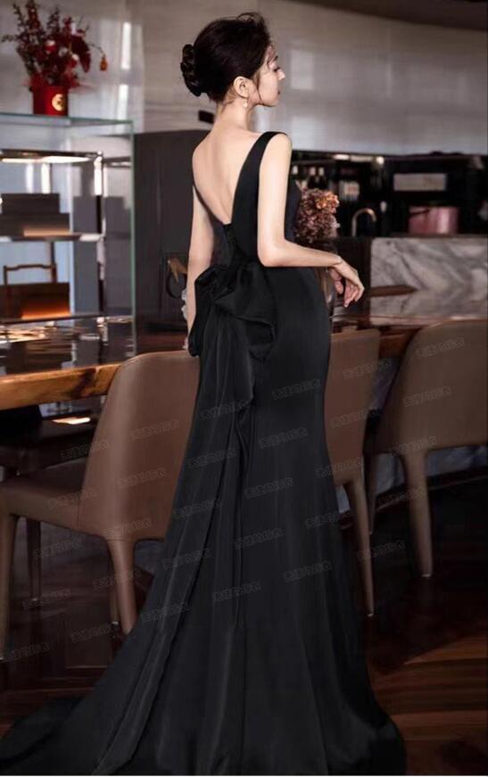Elegant Black V Neck Open Back Bodycon Fishtail Gown Cocktail Evening ...